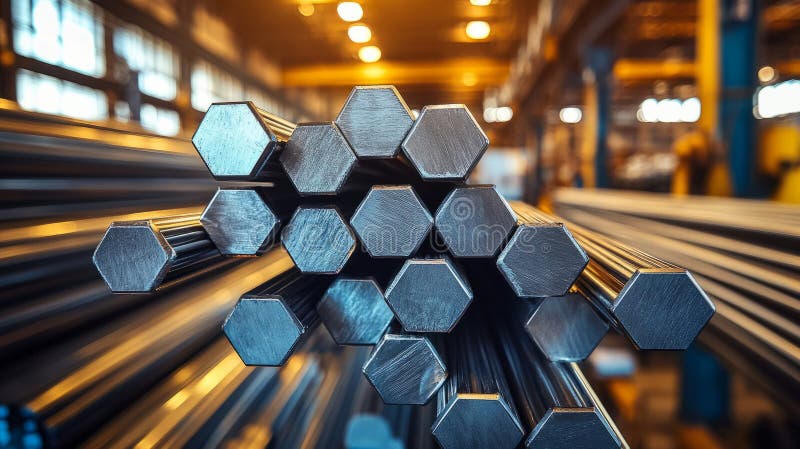 Hexagonal Steel Rods Stacked in an Industrial Factory Stock Photo ...