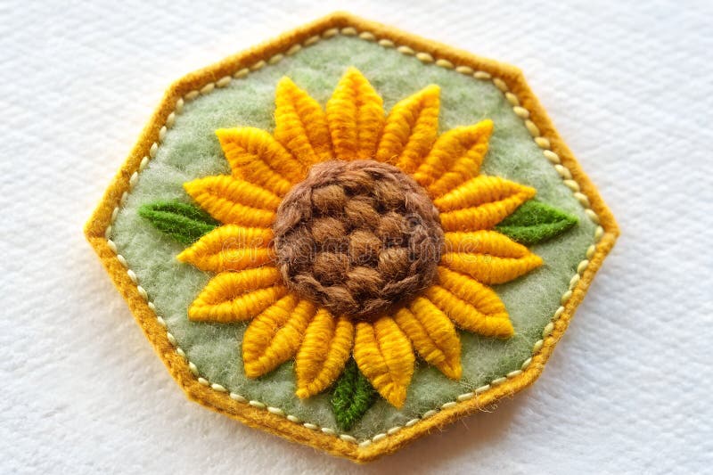Hexagonal Sunflower Embroidery Patch – Macro Felt Stitch Detail Stock ...