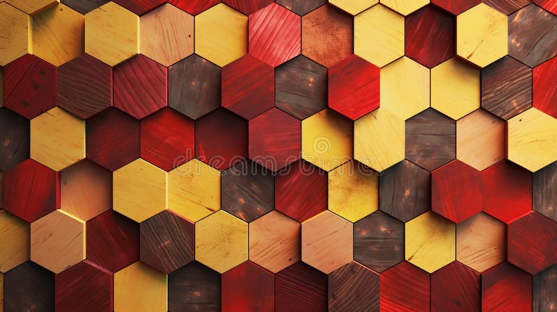 Hexagonal Tile Wallpaper with Wood Blocks in Cedar Red and Yellow ...