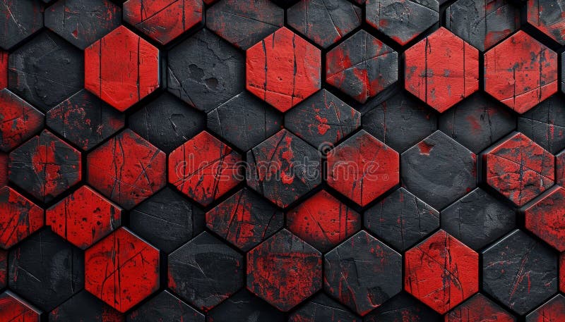 Abstract Hexagonal Pattern with Red and Black Tiles on a Textured ...