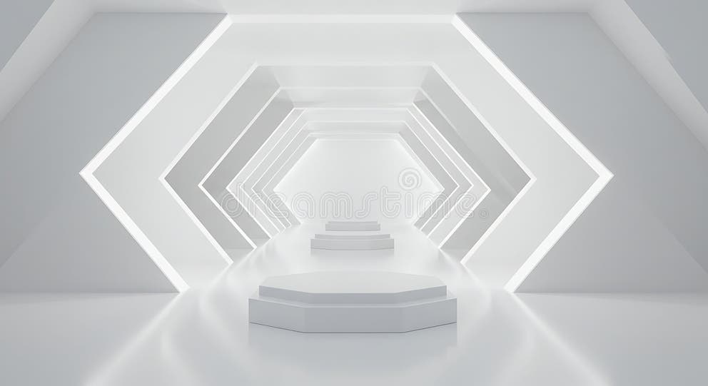 Hexagonal Tunnel: Minimalist White Architecture with Platforms Stock ...