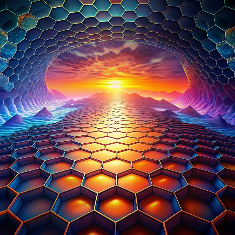 Hexagonal Tunnel with Sunset View Stock Illustration - Illustration of ...