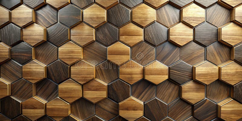 Hexagonal Wood Panel Gold Accents, 3D Render Stock Illustration ...