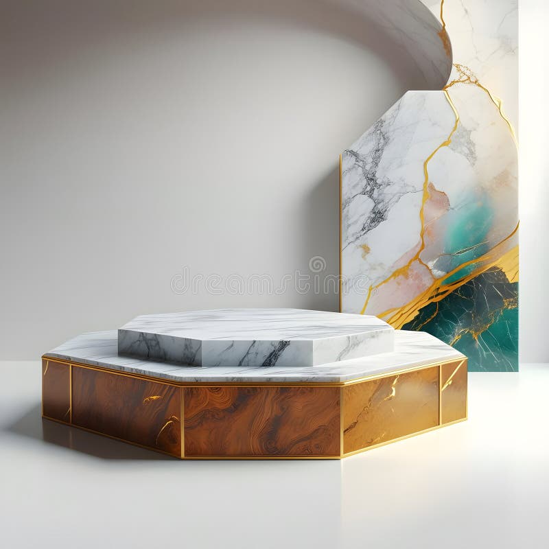 Hexagonal Wood Podium with Abstract Patterns and Gold Accents Stock ...