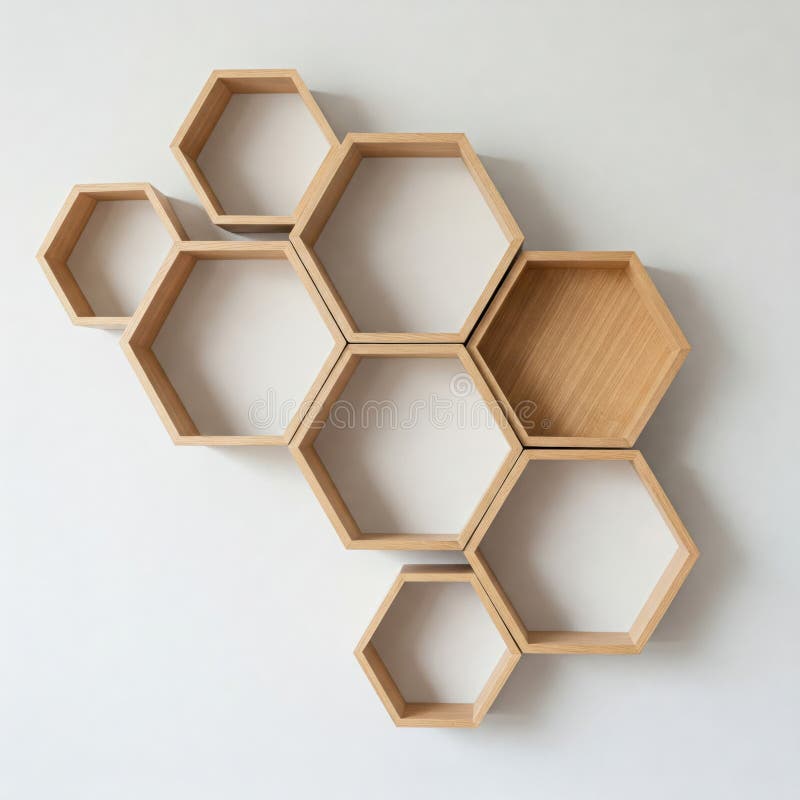 Hexagonal Wooden Shelves Set, Front-facing Stock Image - Illustration ...