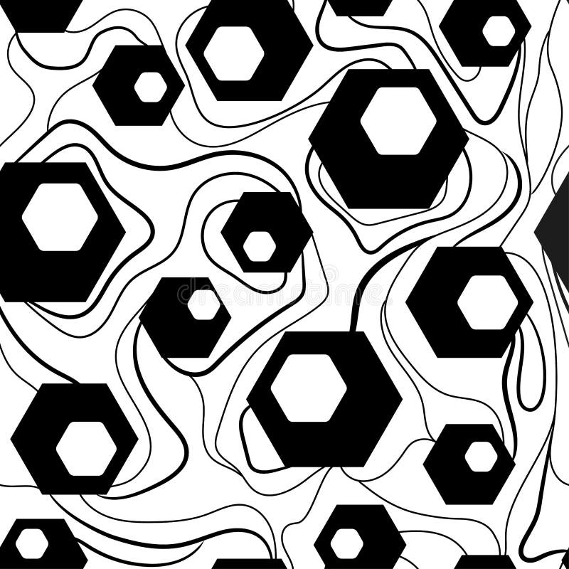 Hexagons with Doodle Wavy Lines Seamless Pattern,black and White Vector ...