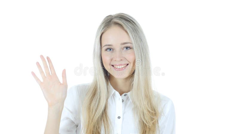 Hi Welcome Portrait Of Happy Amiable Woman In Striped Sweatshirt