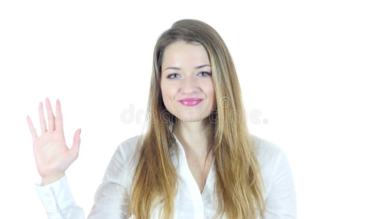 Hi Hello Woman Waving Hand Welcome Portrait On White Background