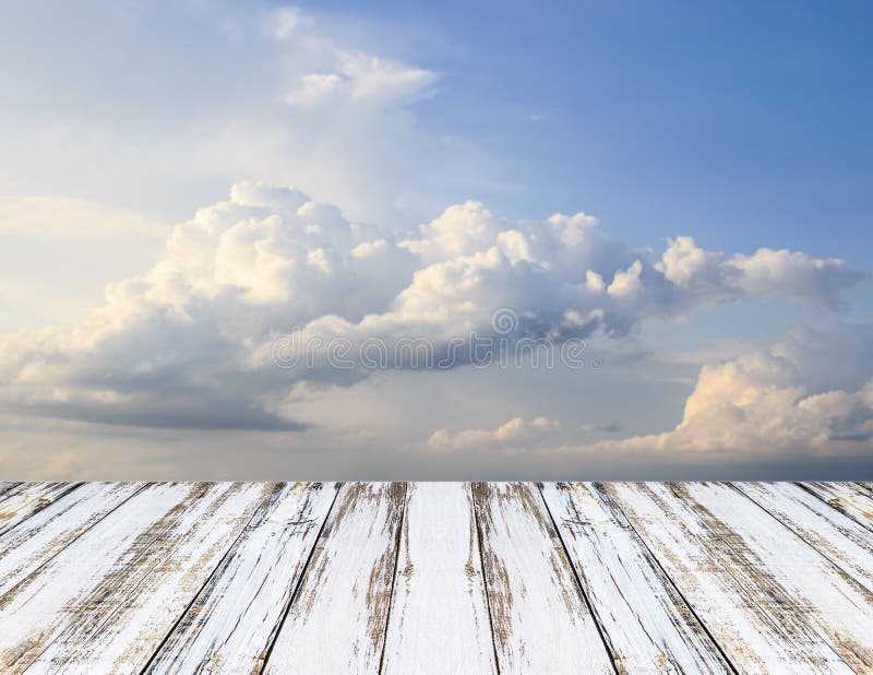 Hi Res White Wooden Table with Blurred Blue Sky Background Stock Photo ...