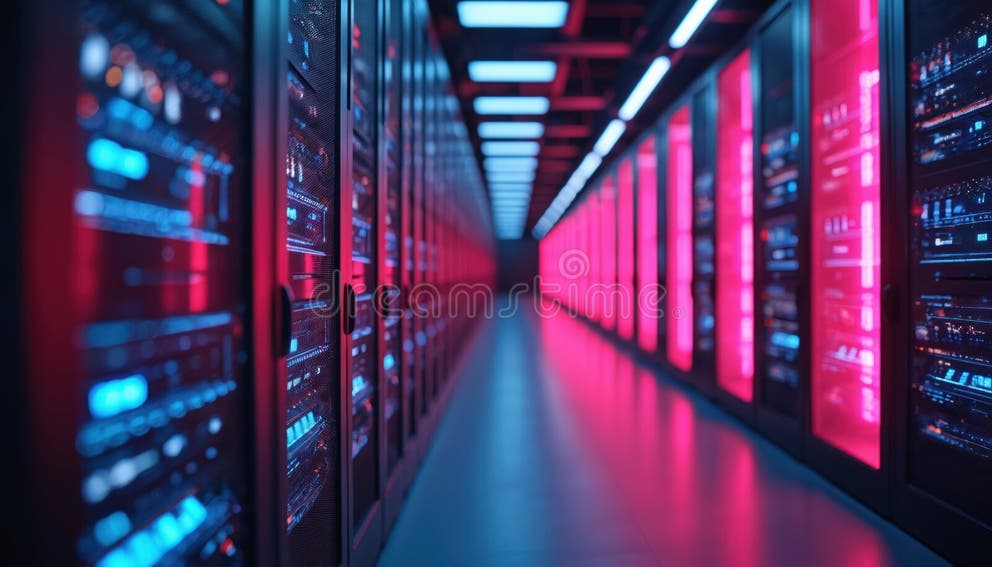 Hi-tech Data Storage Server Hallway. Cloud Computing with Neon Glowing ...