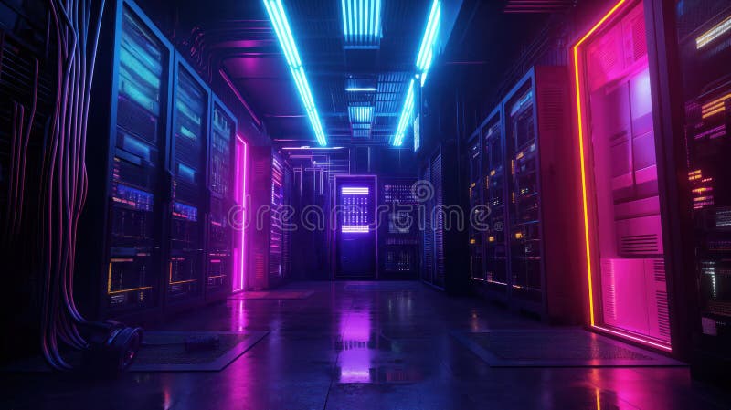 Hi-tech Data Storage Server Hallway, Cloud Computing Neon Glowing ...