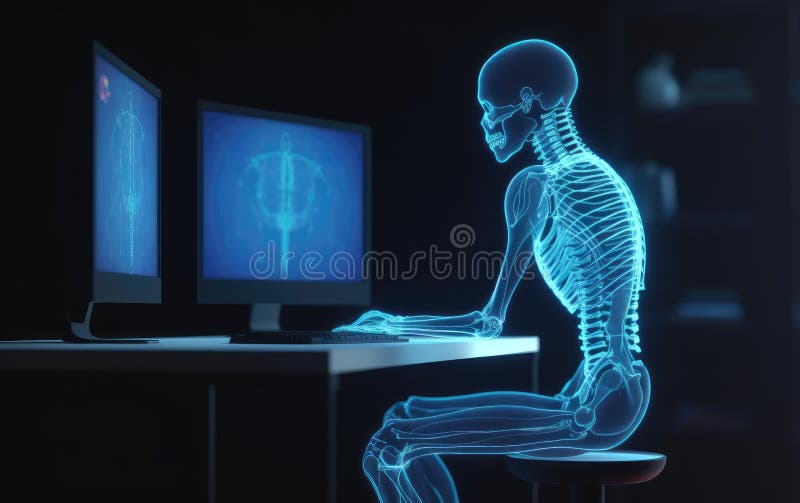 Hi-tech Human Robot Skeleton Working on Computer at Desktop on Digital ...