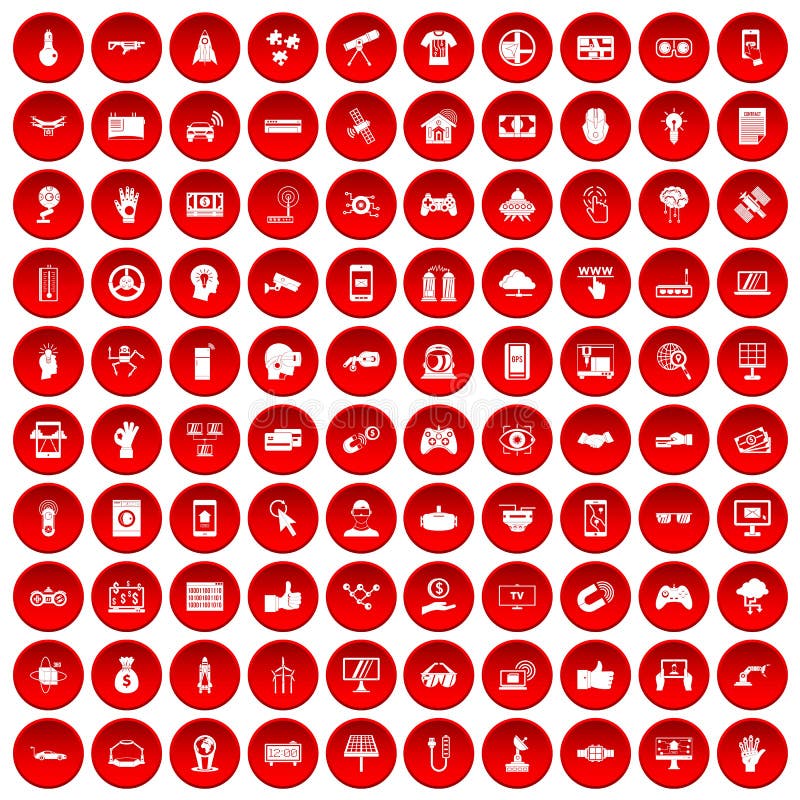 100 hi-tech icons set red stock vector. Illustration of game - 96647664
