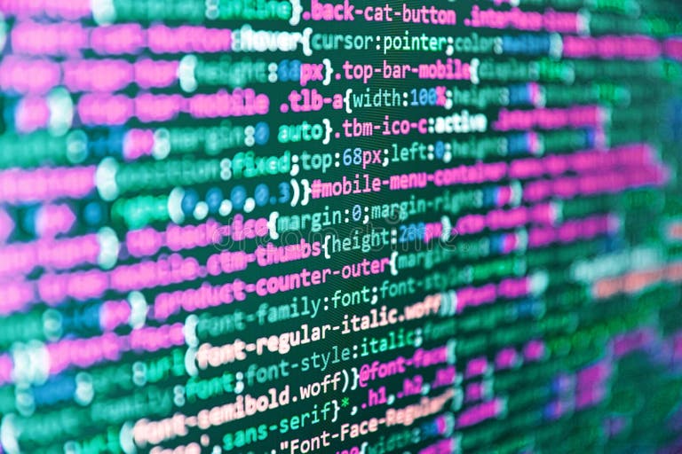 Hi-tech Modern Screen of Data, Digits and Chars on Monitor. Javascript Code in Bracket Software ...