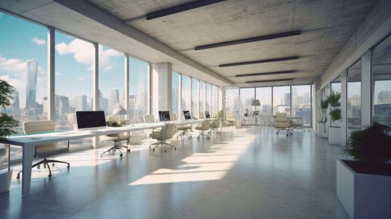 Hi-tech Style Open Space Office in a Modern Urban Building. Large ...
