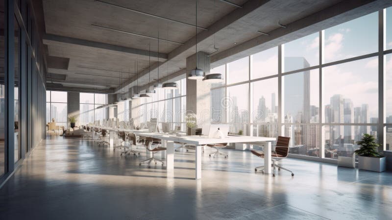 Hi-tech Style Open Space Office in a Modern Urban Building. Large ...