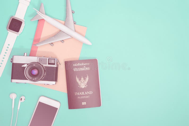 Hi Tech Travel Gadget Accessories on Blue Teal Copy Space Flat Lay Top ...