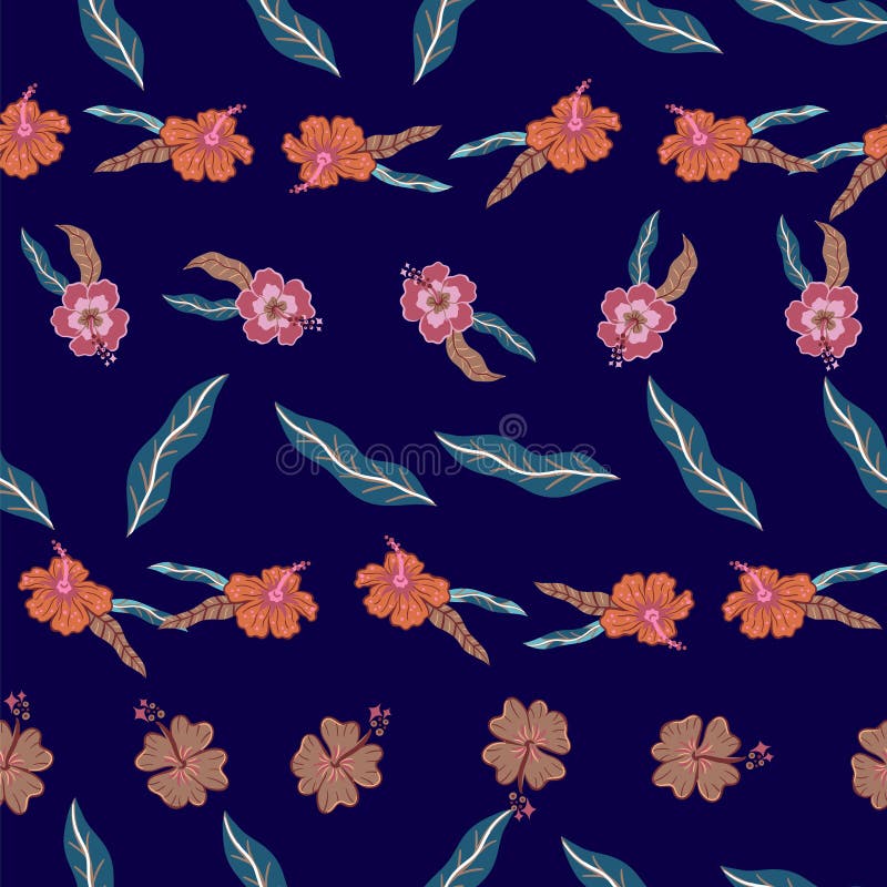 Hibiscus Flowers and Leaves on Dark Blue, Seamless Pattern Stock Vector ...