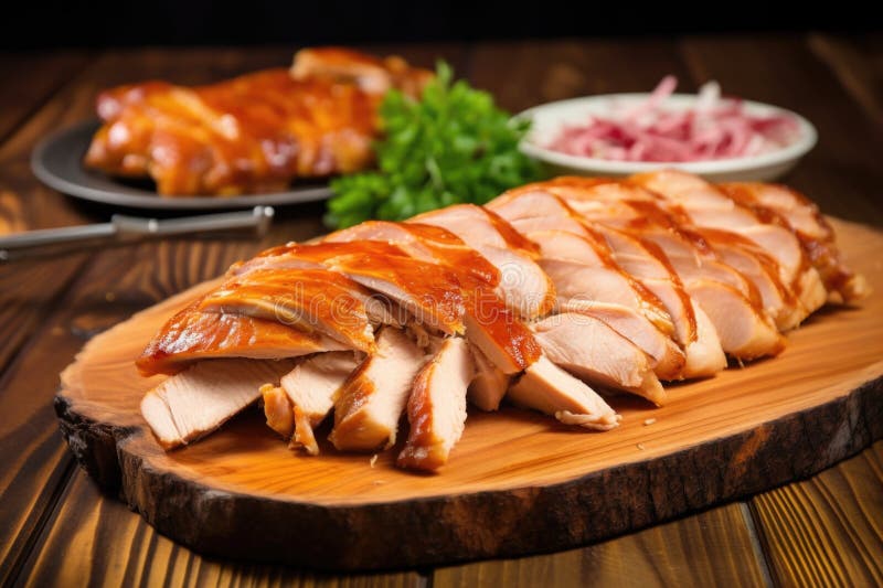 Hickory-smoked Chicken Slices Displayed on Wooden Board Stock Photo ...