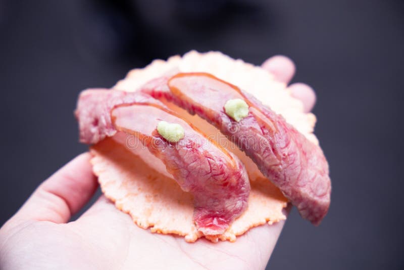 Hida Beef Sushi On Rice Cracker In Takayama Old Town Japan Stock Image