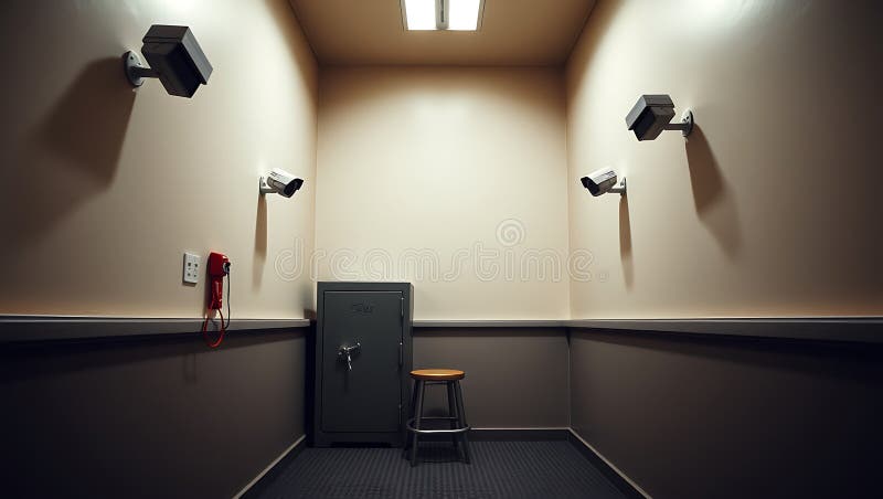A Hidden Backroom with a Safe a Stool and Security Monitors on the Wall ...
