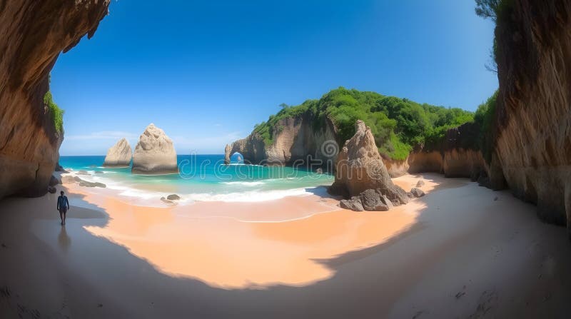Hidden Beach Cove with Rock Formations and Blue Waters - Panoramic View ...