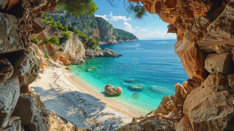 Hidden Beach View through a Rustic Stone Wall in a Mediterranean Home ...