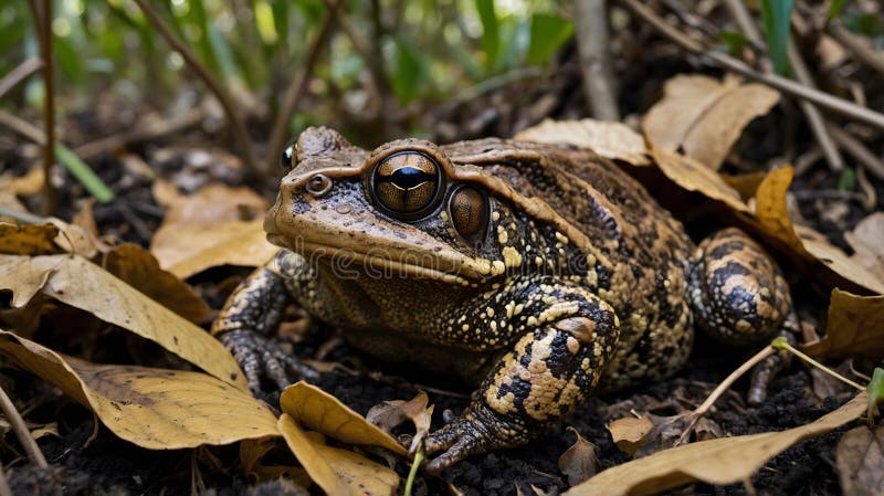 Hidden Cane Toad in the Underbrush, Eyes Glowing in the Shadows Stock ...