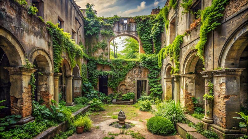 Hidden Courtyard with Ancient Ruins and Overgrown Foliage AI-Generated ...