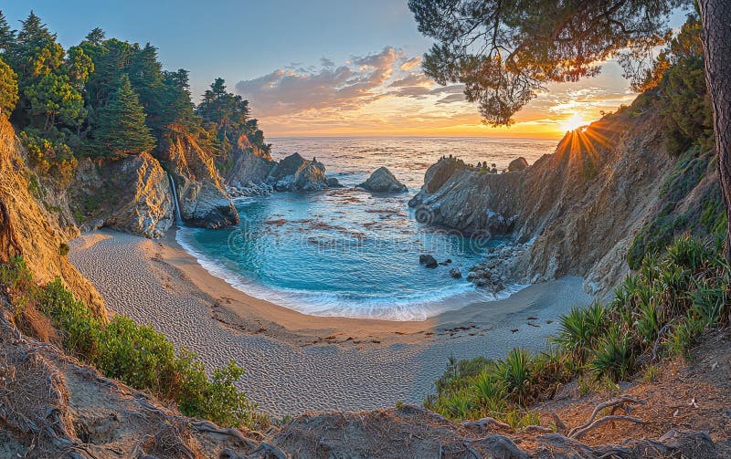 Hidden Cove Beach at Sunset with Dramatic Cliffside Landscape Stock ...