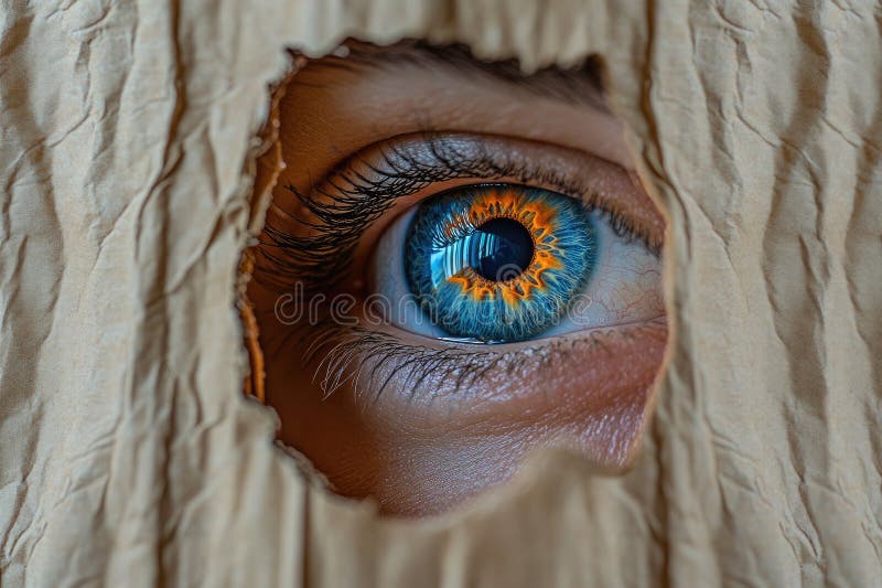 Hidden Eye Spying through Torn Hole in Cardboard Paper Stock ...