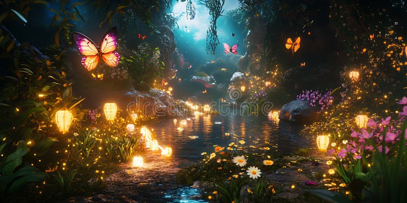 Hidden Garden Filled with Glowing Flowers Wallpaper Background Stock ...