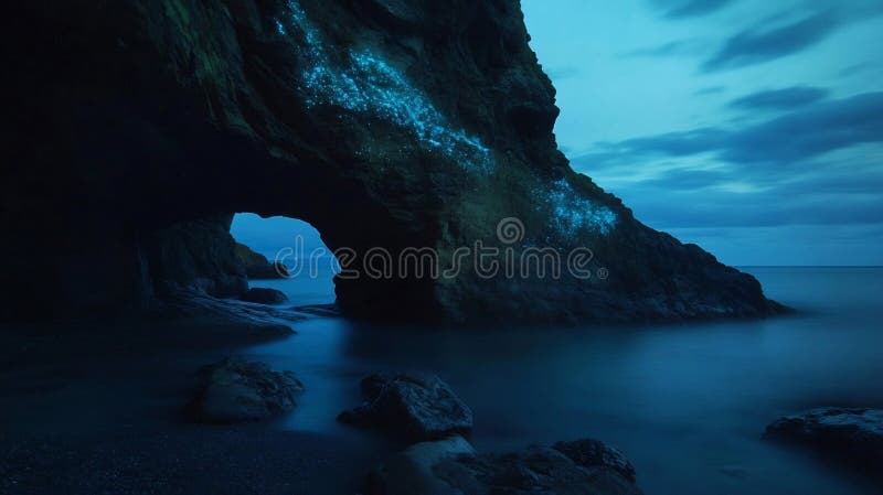 A Hidden Grotto Illuminated by Bioluminescence. Stock Illustration ...