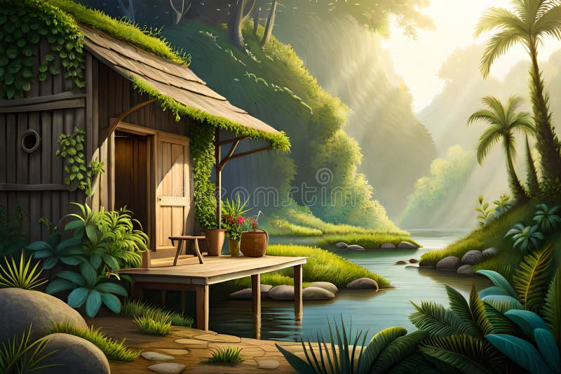 A Hidden Jungle Hut with Vibrant Flora and Fauna Stock Illustration ...