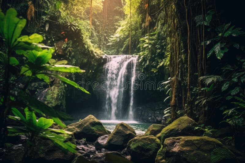 Hidden Jungle Waterfall Concealed Cascading Stream Stock Photo - Image ...
