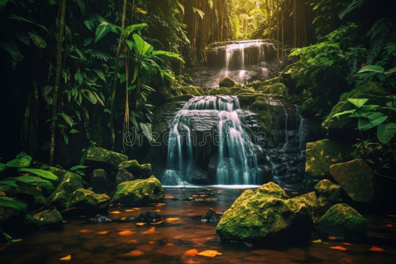 Hidden Jungle Waterfall Concealed Cascading Stream Stock Illustration ...