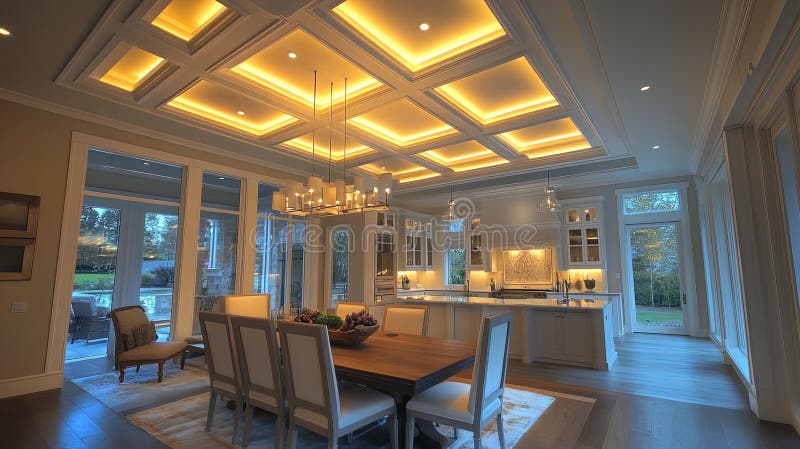 Hidden LED Lighting in a Coffered Ceiling, Casting a Warm Glow Stock ...