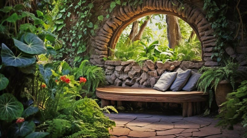 Hidden Nook in Garden, Tree Arch and Wooden Garden Bench Stock ...