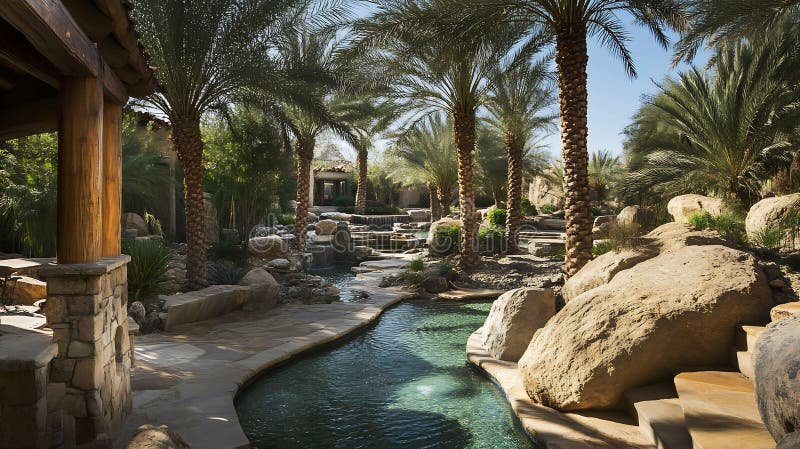 A Secluded Desert Spring Surrounded by Palm Trees and a Pool of Water ...