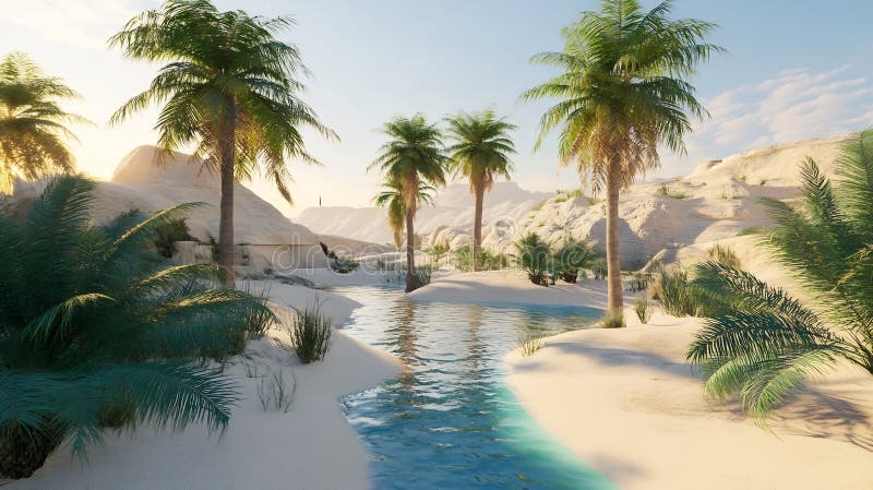 A Hidden Oasis in the Desert with Palm Trees and Water. Stock ...