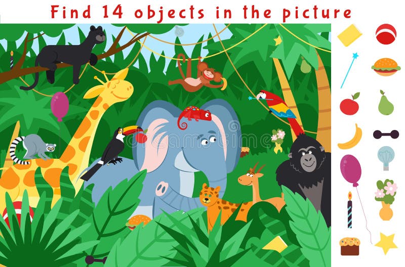Hidden Object Puzzle. Kid Learning Game, Find Objects in Jungle Forest ... Hidden Object Puzzle. Kid Learning Game, Find Objects in Jungle Forest ...