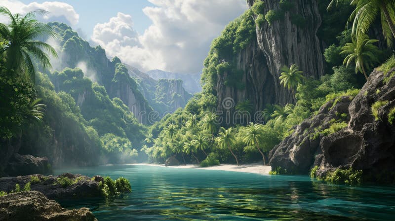 Hidden Paradise Lagoon Surrounded by Lush Greenery and Rocky Cliffs ...