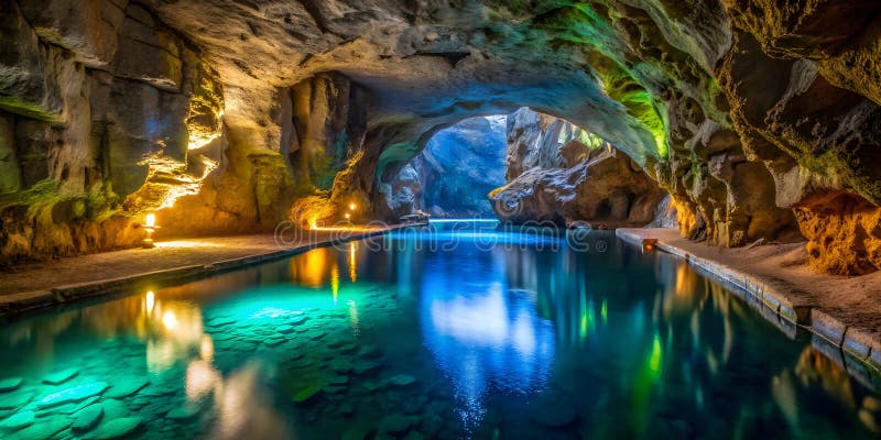 Hidden Pool Inside a Glowing Underground Cavern Stock Illustration ...