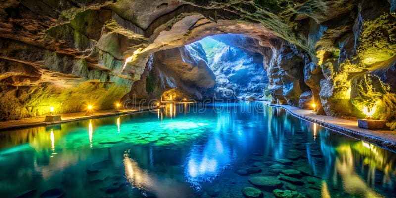Hidden Pool Inside a Glowing Underground Cavern Stock Illustration ...