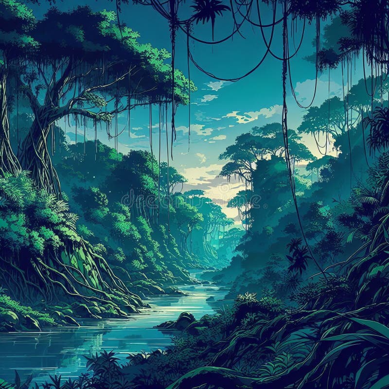 Hidden River of the Tropics Stock Illustration - Illustration of forest ...