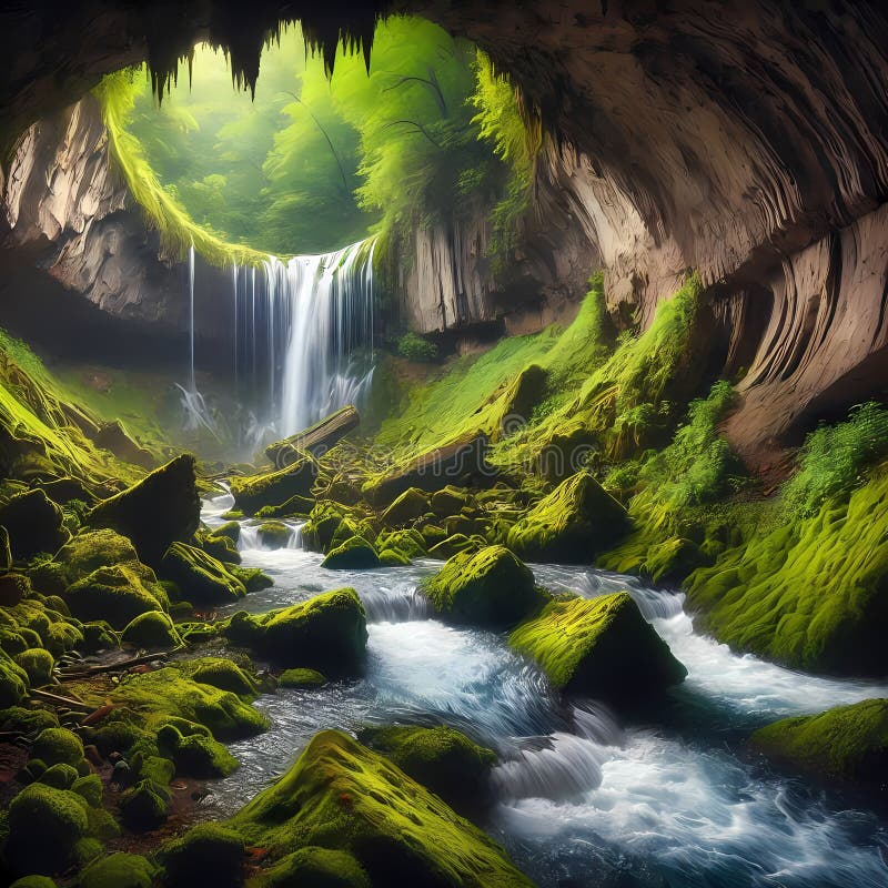 A Hidden River Under a Cave, with Mossy Rocks, and Cascading Waterfall ...