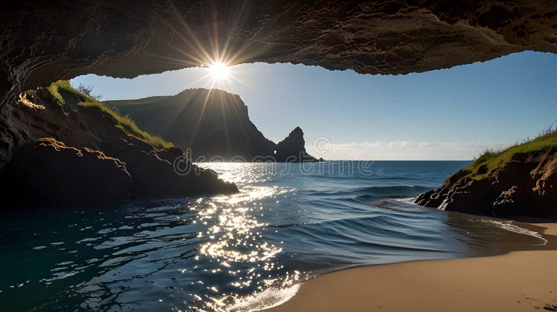 A Hidden Sea Cave with Sunlight Streaming through an Opening Stock ...