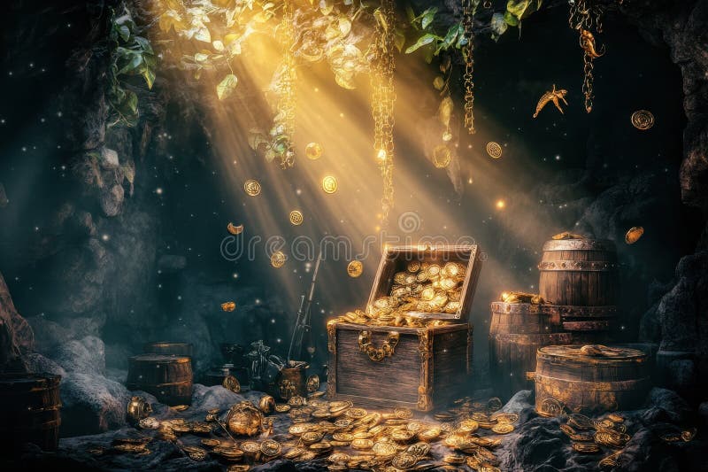 Hidden Treasure Chest Illuminated by Sunlight in an Ancient Cave ...