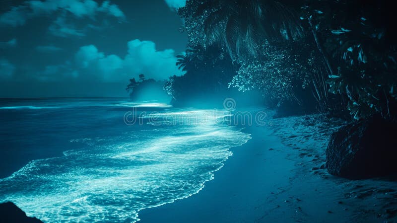 A Hidden Tropical Beach with Luminous Waves Glowing at Night Digital ...