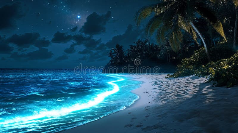 A Hidden Tropical Beach with Luminous Waves Glowing at Night Digital ...